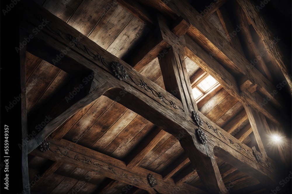 a wooden ceiling with beams and a light shining through the window of ...