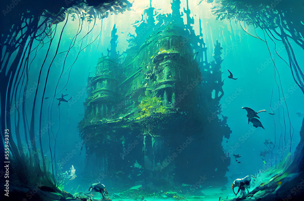 illustration of underwater sunken ancient city. Ruins of an ancient ...