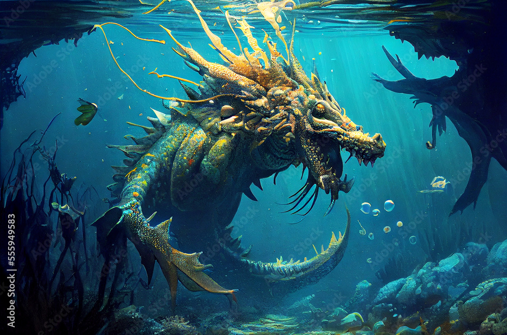 Fantasy digital art illustration, Sea dragon monster underwater 3D ...