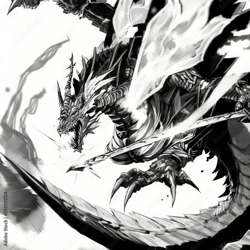 a drawing of a dragon attacking another dragon with a sword in its ...