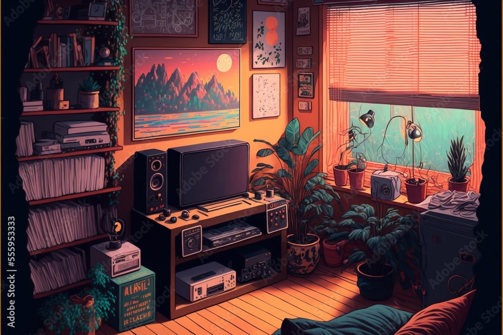 Illustrazione Stock Lofi room, beautiful chill, atmospheric wallpaper ...