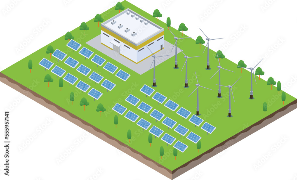 Vetor de isometric scene of solar farm panels with green manufacturing ...
