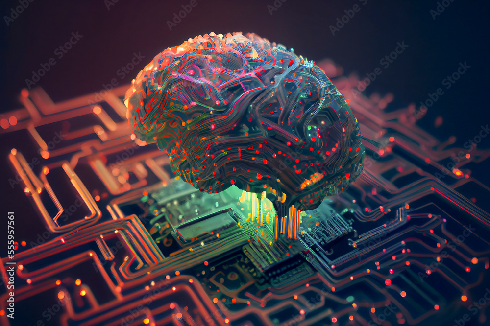 Concept of artificial intelligence. Human brain connected to electronic ...