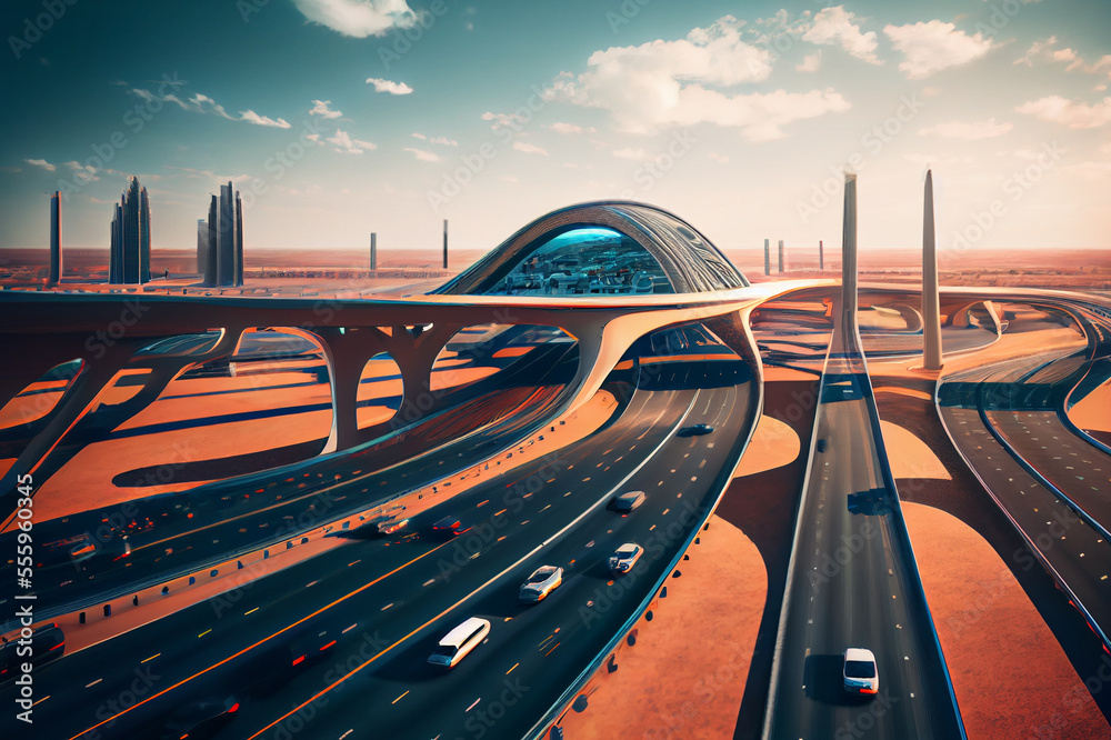 Futuristic city with ultra speed highways, ai illustration Stock ...