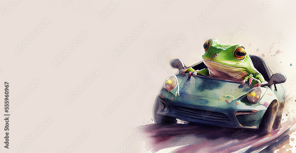 Watercolor frog driving a car. Generative AI Stock Illustration | Adobe ...