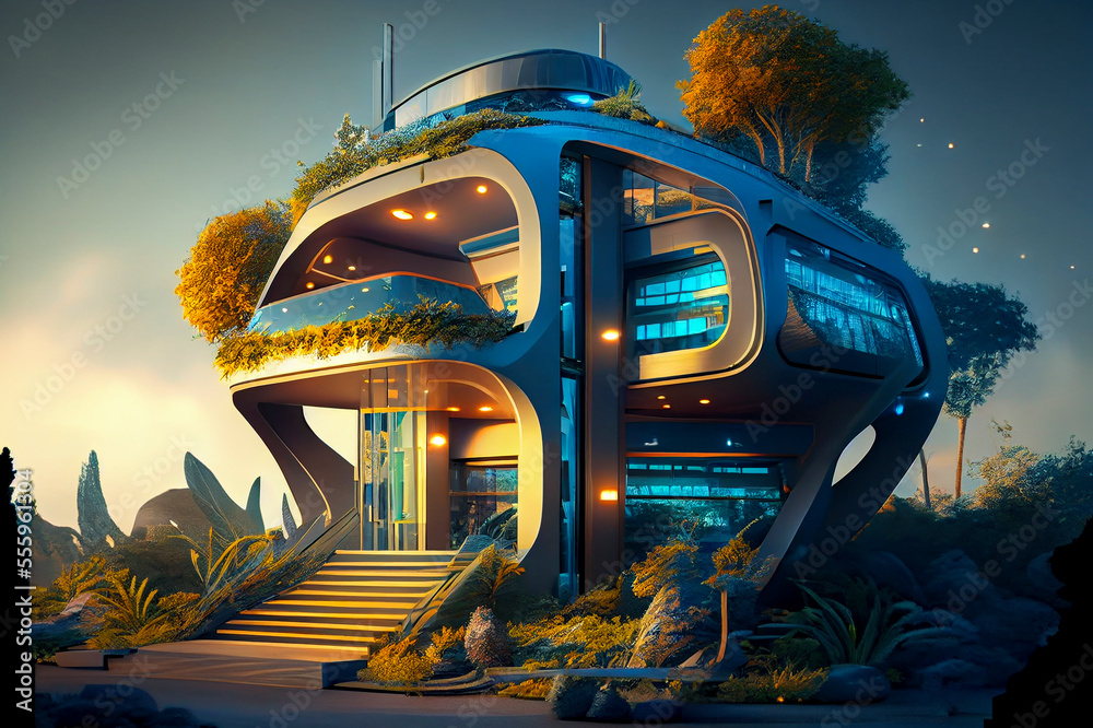 Conceptual futuristic house of the future, ai illustration. Comportable ...
