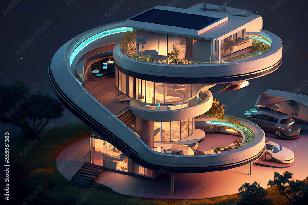 Conceptual futuristic house of the future, ai illustration. Comportable ...
