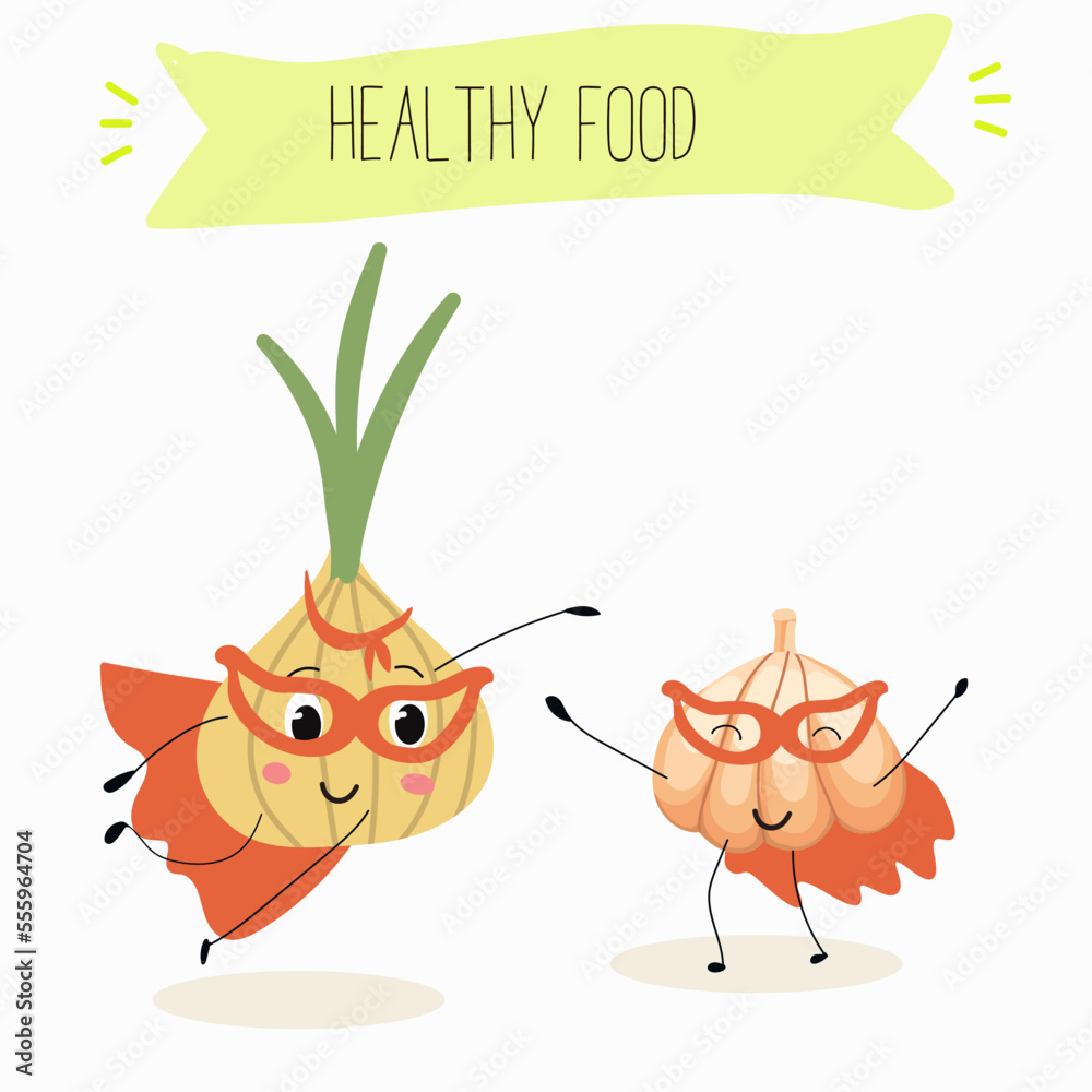 Illustration with funny onion and garlic characters. Funny and healthy ...