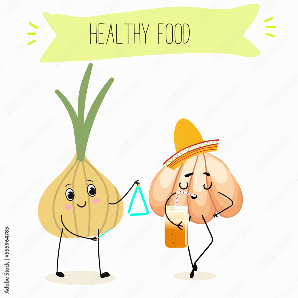 Illustration with funny onion and garlic characters. Funny and healthy ...