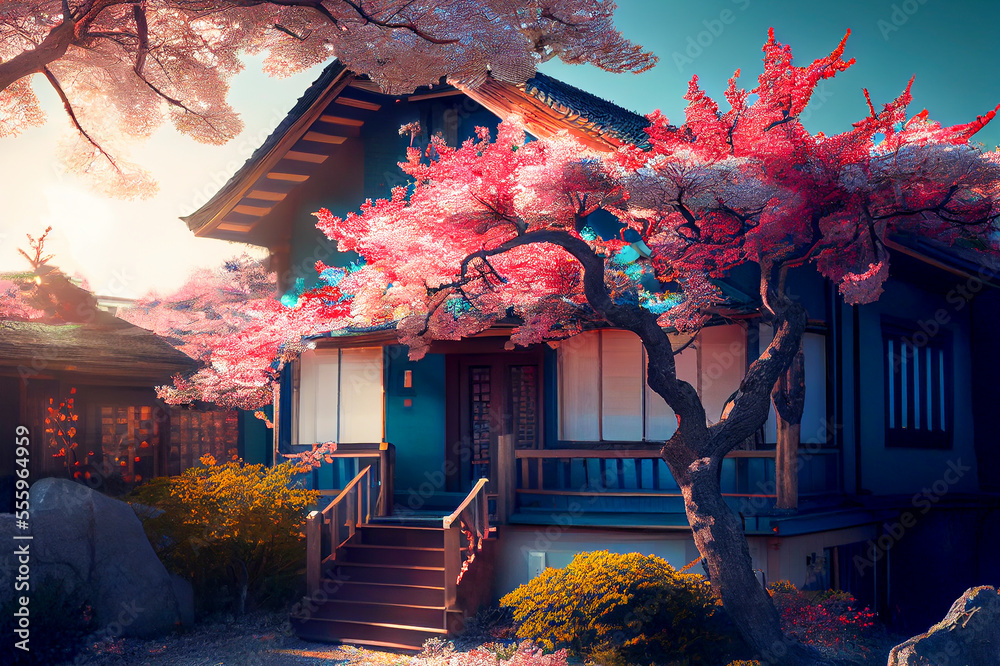 Japanese landscape with Japanese house and sakura cherry tree in ...