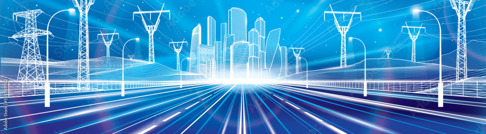 Night highway. Neon glow modern city illustration. High voltage ...