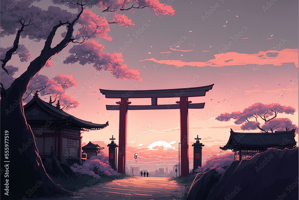 Traditional Torii Japanese gate during a pink sunset. Anime style ...