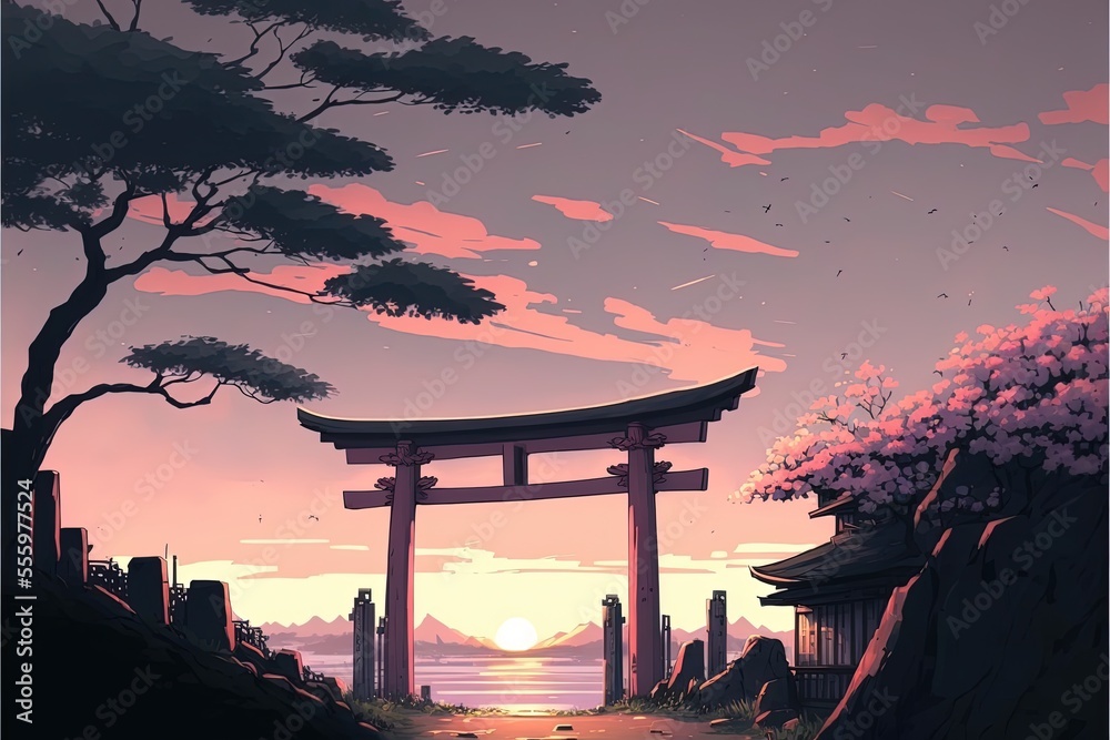 Traditional Torii Japanese gate during a pink sunset. Anime style ...