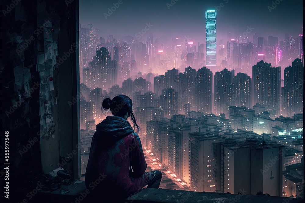 Illustration of a nostalgic woman overlooking a cyber city at midnight ...