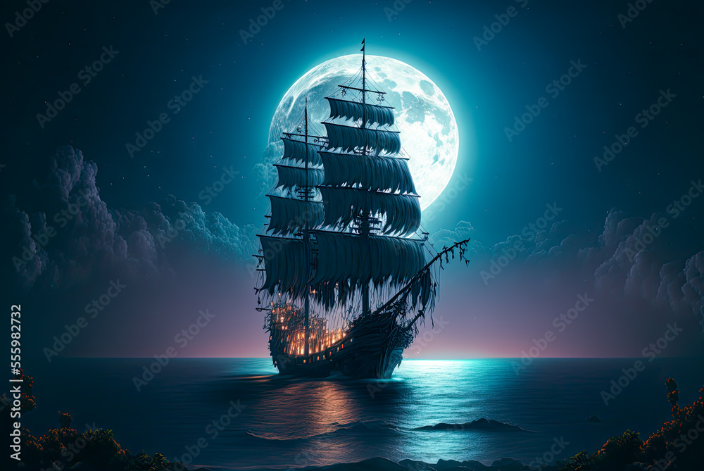 Pirate ship at night with large moon. Generative AI Stock Illustration ...