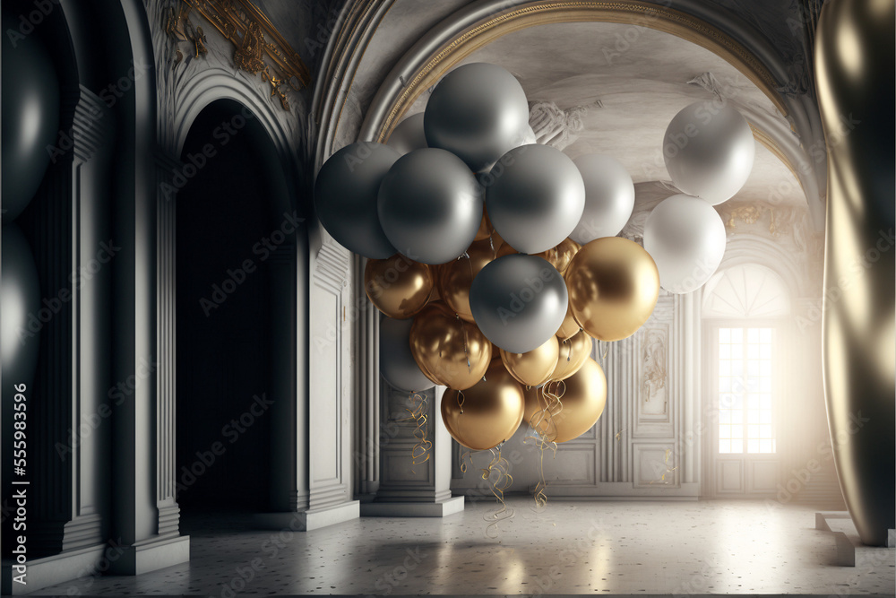 Gold and Silver Balloons in a fancy formal great hall of a castle or ...