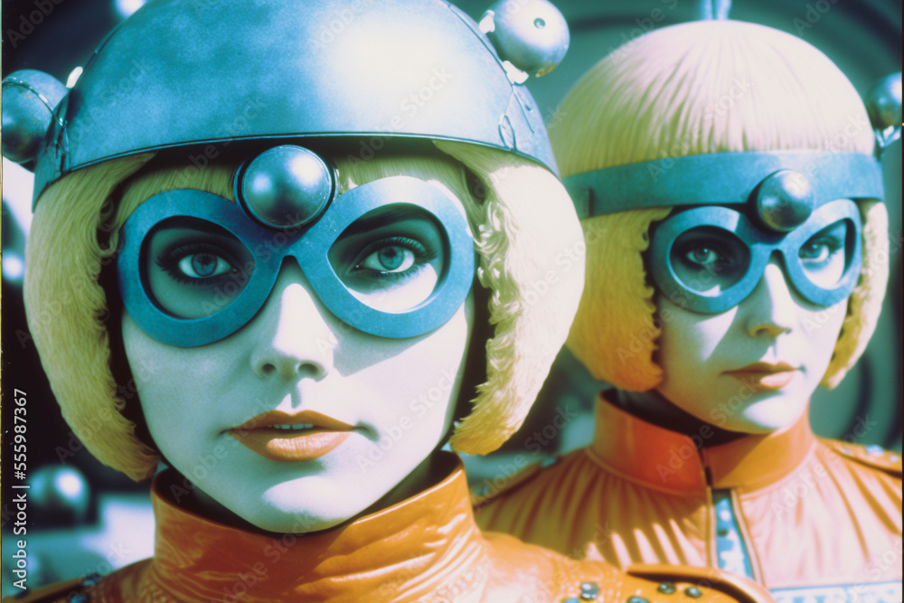 Actors in a retro sci-fi television show from the 1970s. They are ...