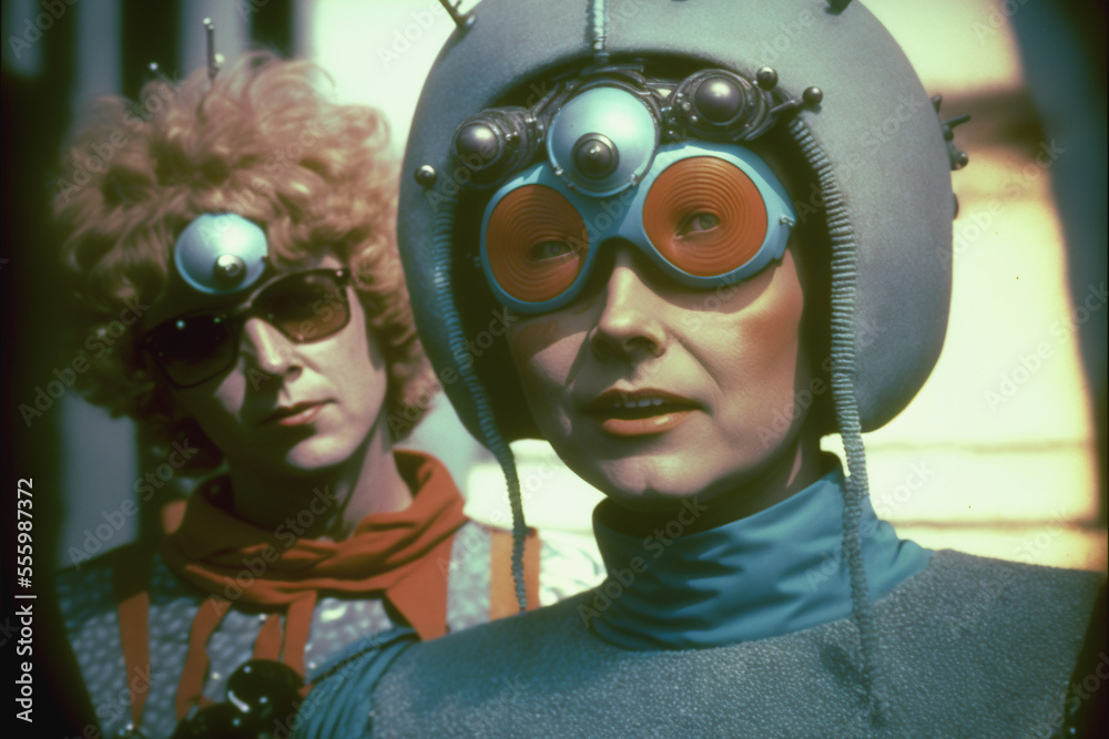 Actors in a retro sci-fi television show from the 1970s. They are ...