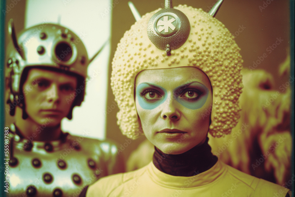 Actors in a retro sci-fi television show from the 1970s. They are ...