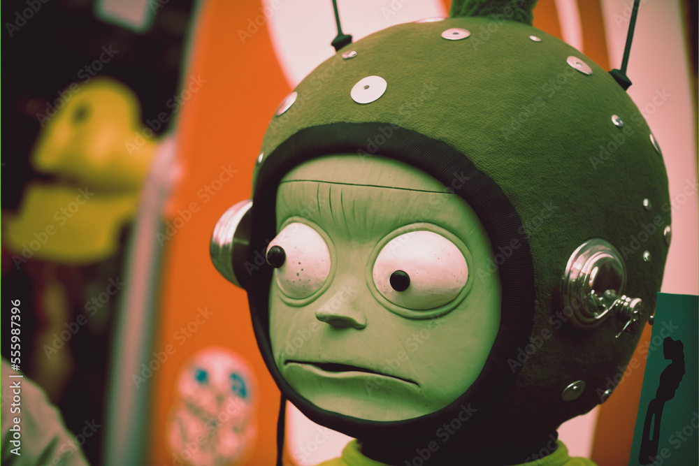 Funny little green martian alien character with bug eyes and a helmet ...