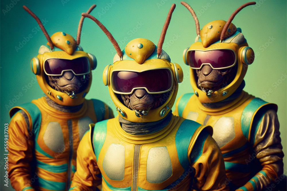 Ape like aliens wearing bumble bee insect space suits. Cheesy monster ...