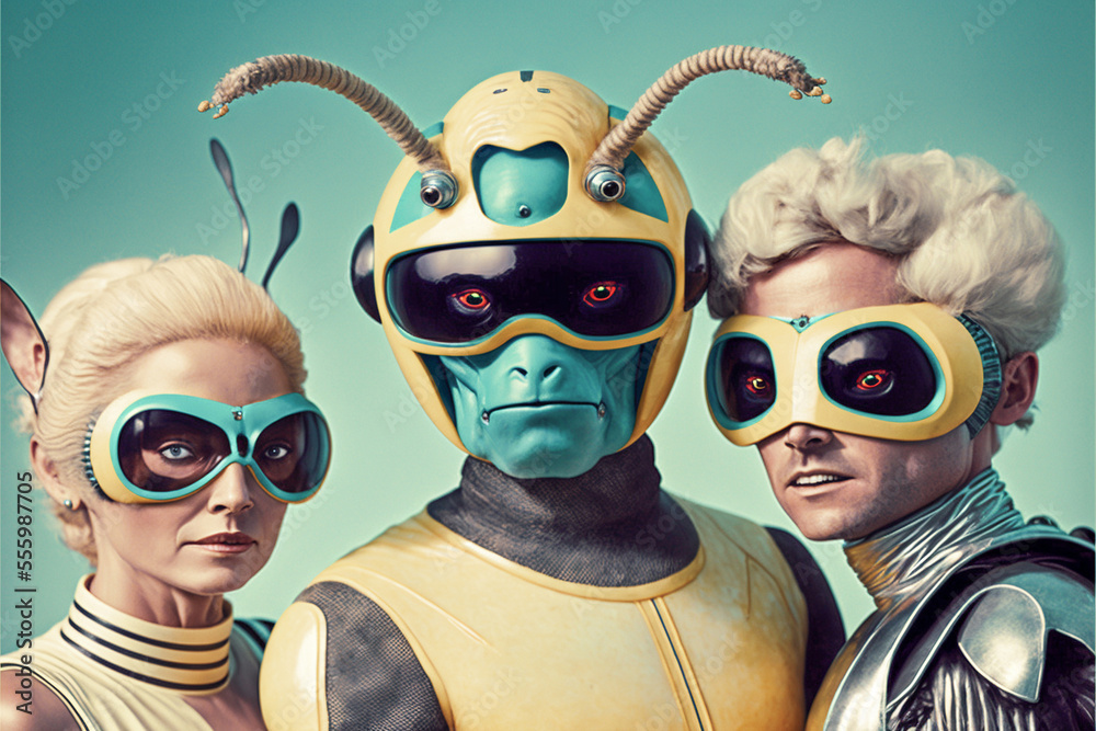 Bug people on set of a television studio in the 1960s. The actors are ...