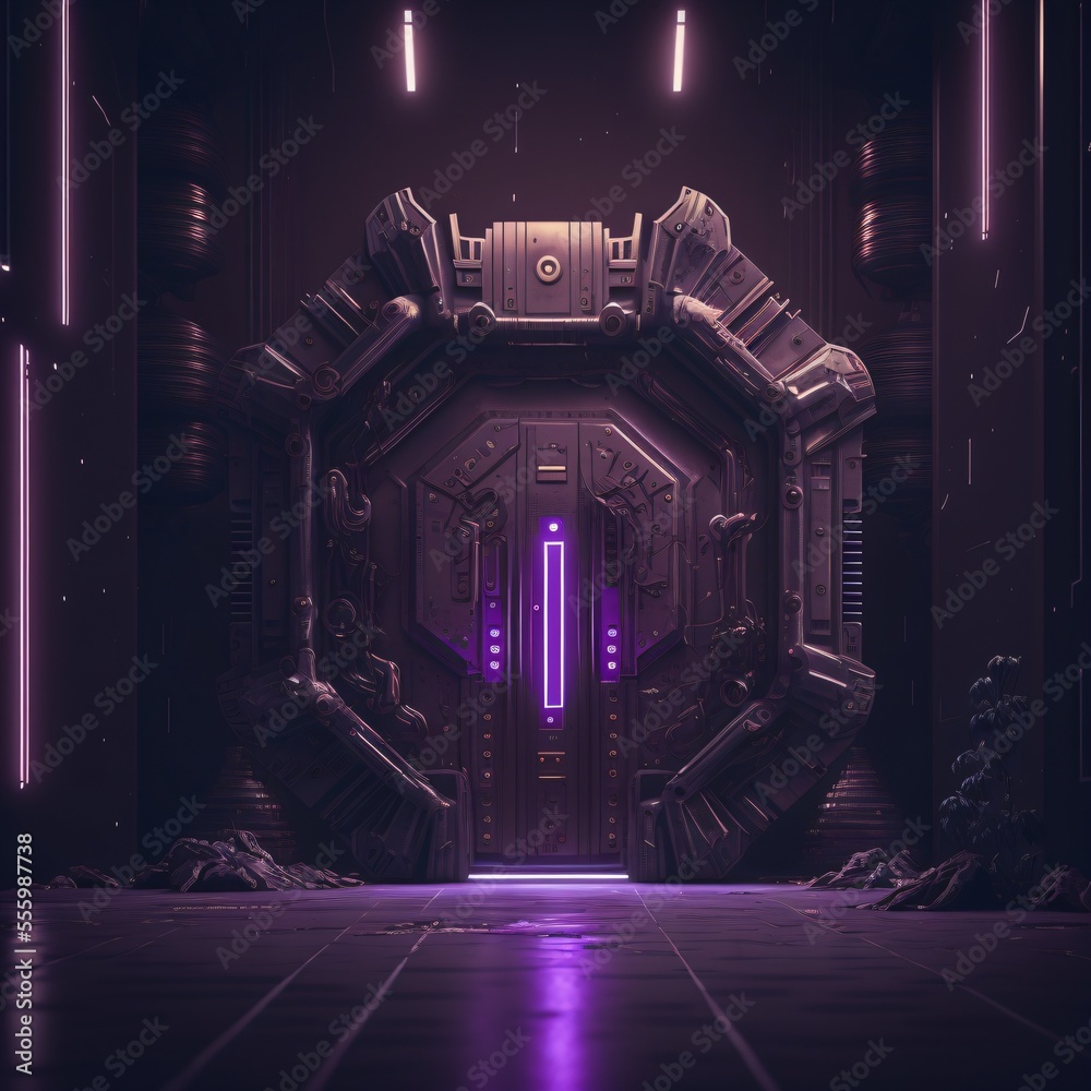 a huge futuristic vault gate, underground fantasy, the locked door to ...