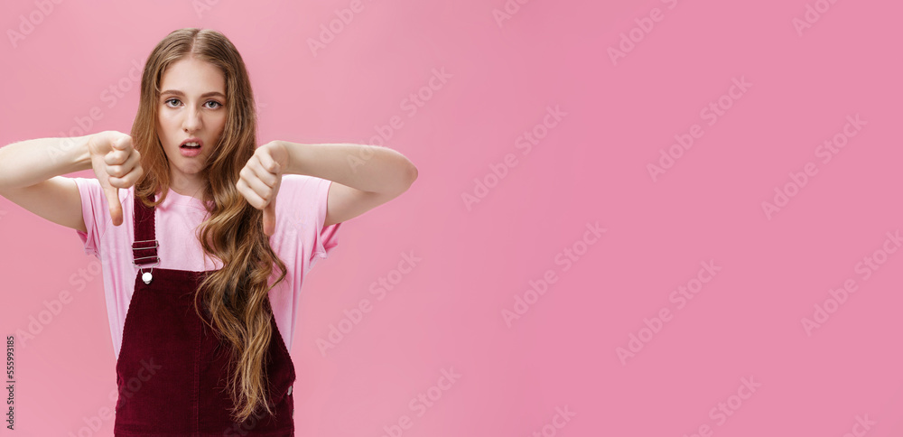 Foto de Body language, dislike and negative opinion concept. Portrait ...