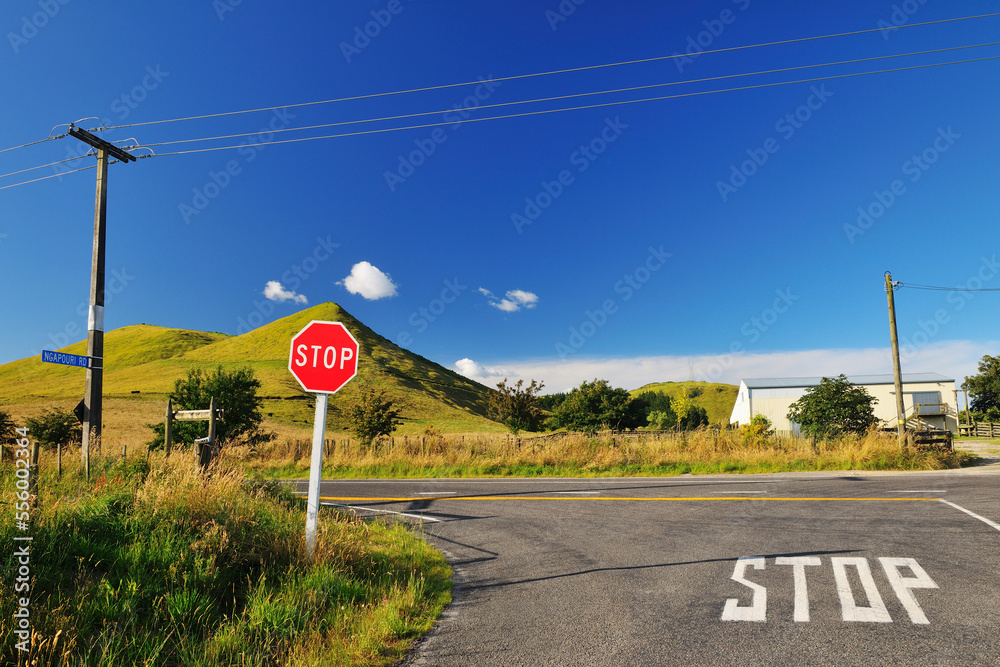 Intersection with Stop Sign, Wai-O-Tapu Thermal Wonderland, Bay of ...