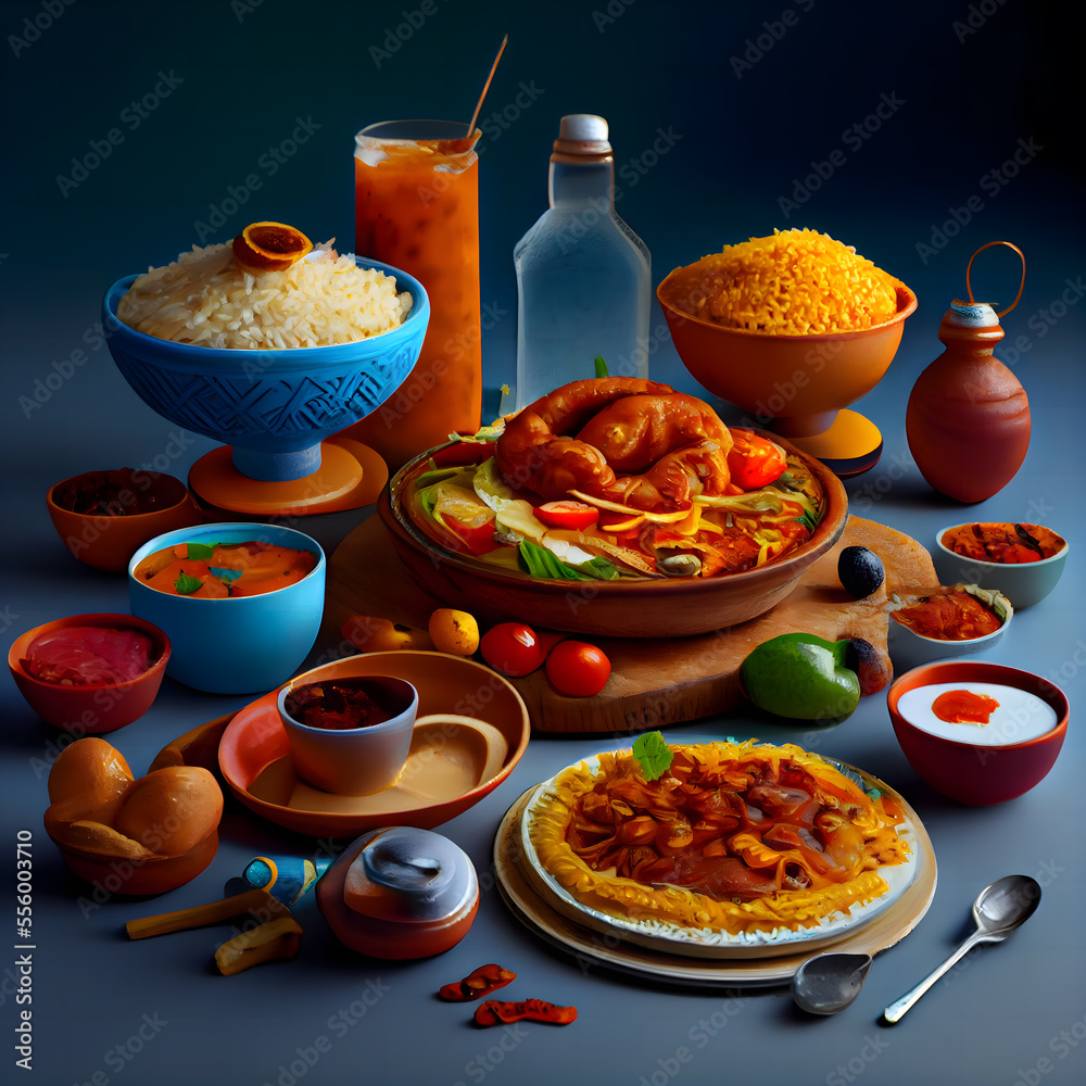 Festival food table, rice and full chicken, spaghetti, mashed potato ...