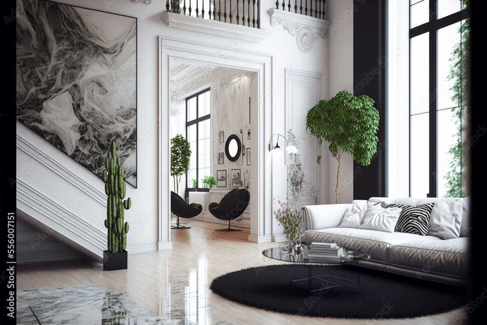 Modern and traditional two story house interior with white walls, green ...