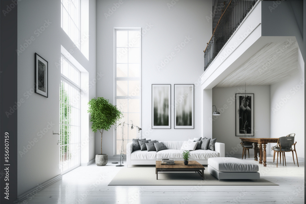 Modern and traditional two story house interior with white walls, green ...