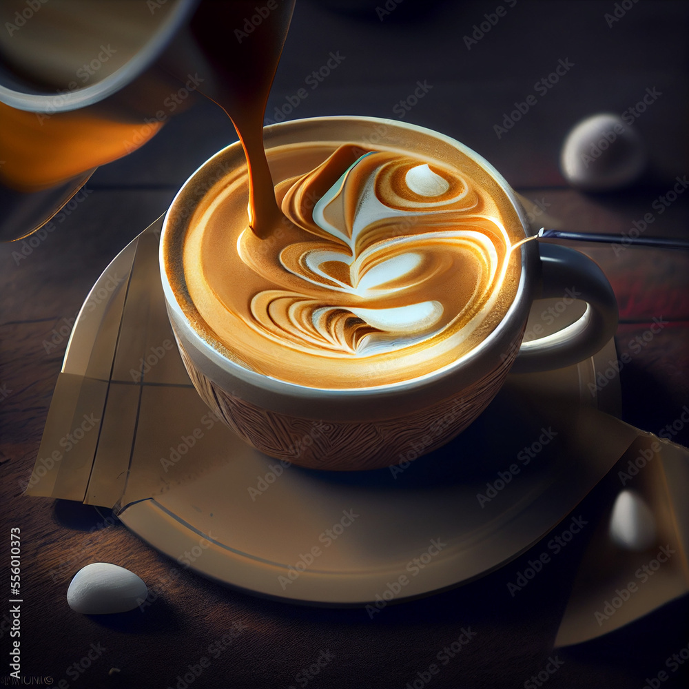 Nice Texture of Latte art on hot latte coffee . Milk foam in heart shape leaf tree on top of ...