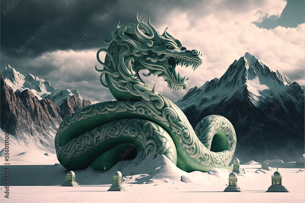 A giant baroque jade serpent located at the peak of a mountain. Stock ...