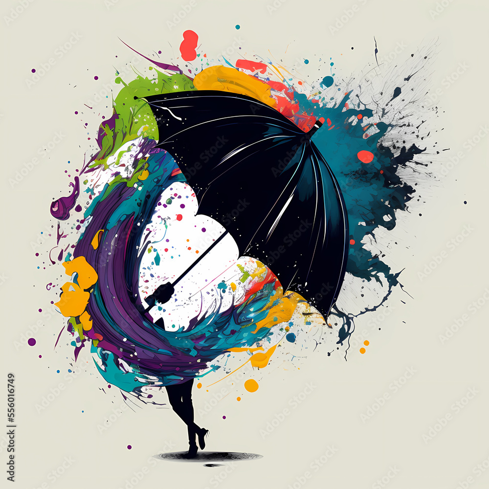Bold Digital Illustration with Vibrant Colorful Umbrella and Splashes ...