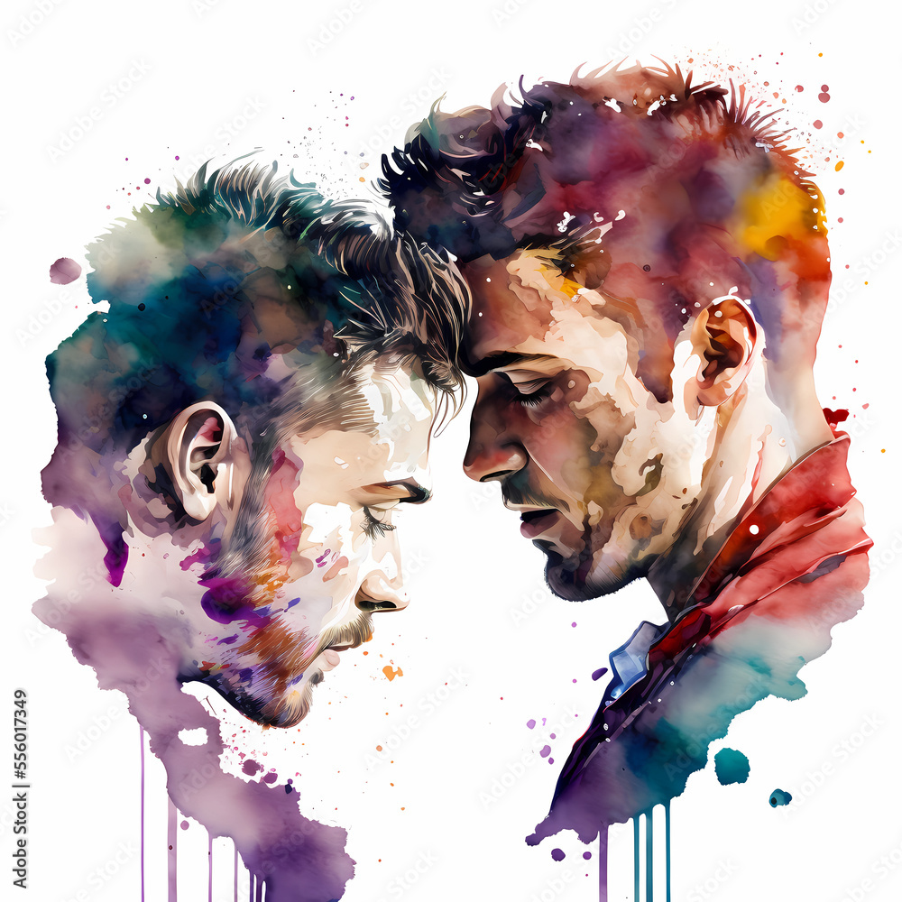 Colorful Vibrant Watercolor Painting of a Joyful and Attractive Young Caucasian White Gay Couple ...