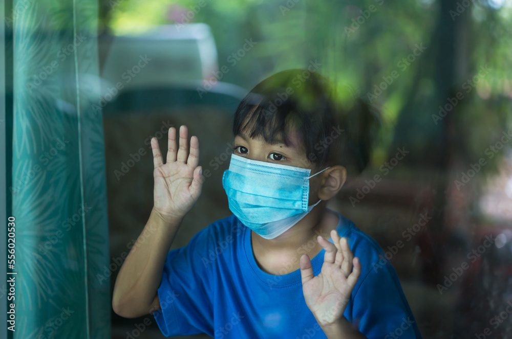 Coronavirus Covid-19 pm2.5. Cute asian young boy with blue shirt ...
