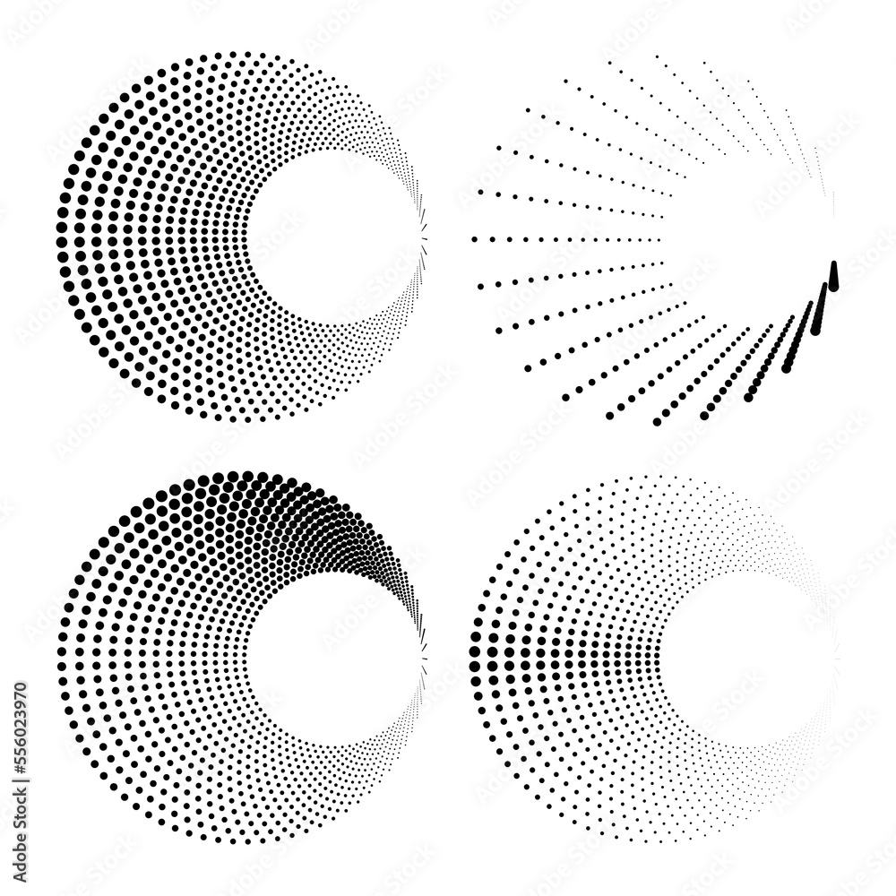 Set of abstract shapes in circle form. Geometric art. Rotating halftone ...