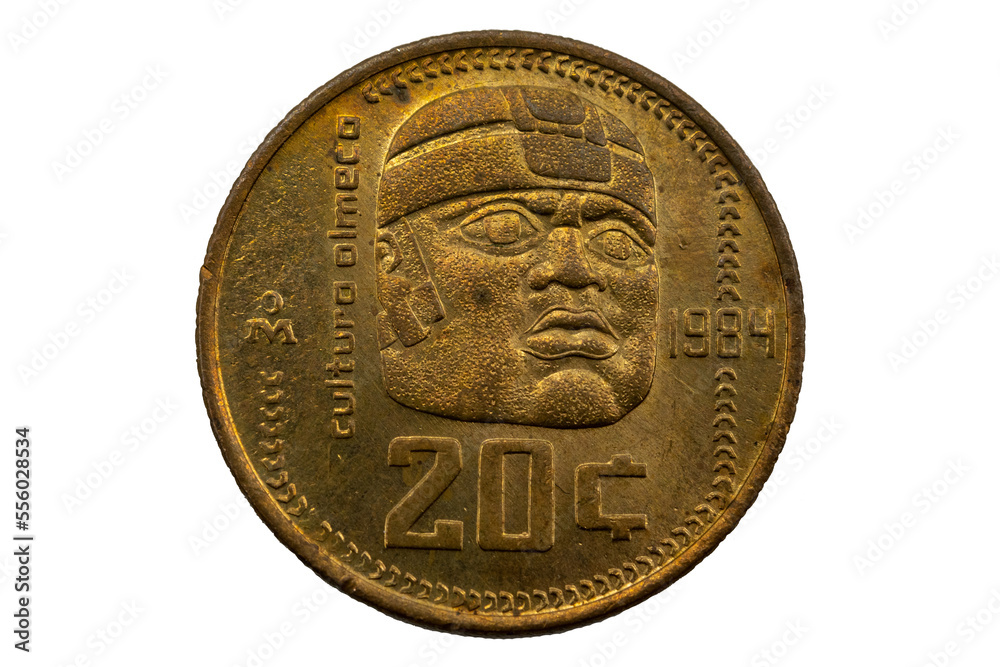 Moneda de 20 centavos Mexicana, cultura olmeca, cabeza Olmeca 1984 ...
