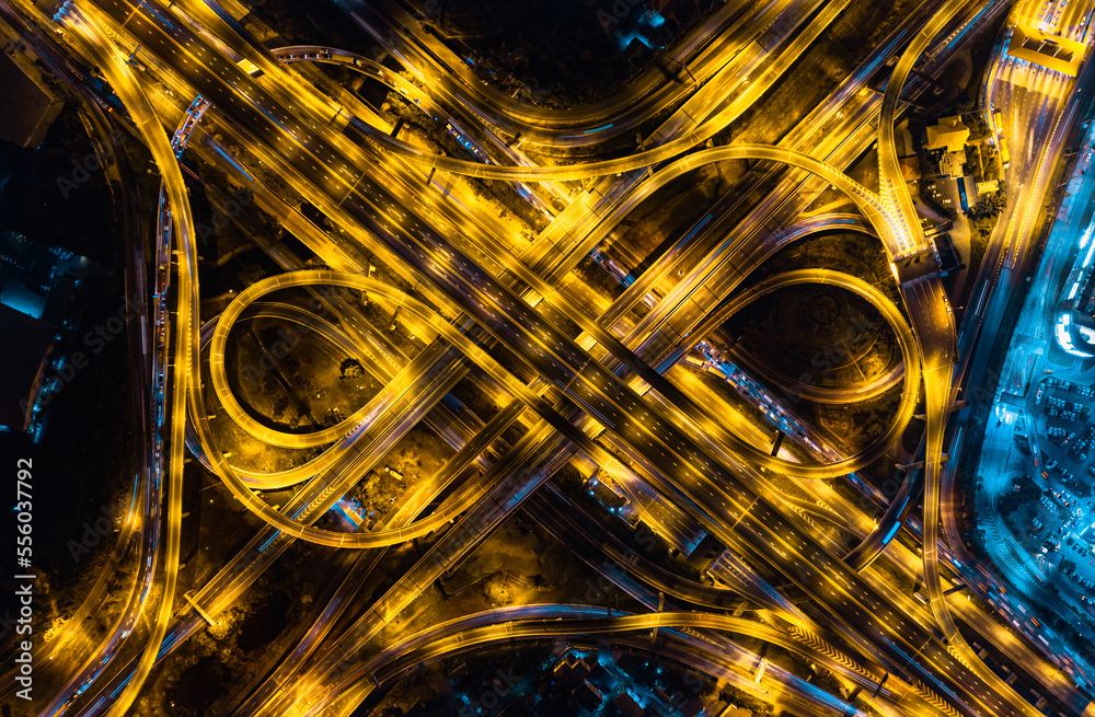 Aerial top view of Modern Multilevel Motorway Junction with Toll ...