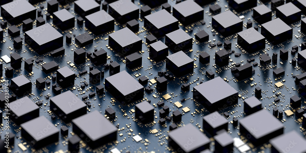 sleek and metallic appearance of cubes, black microchips, and gold ...