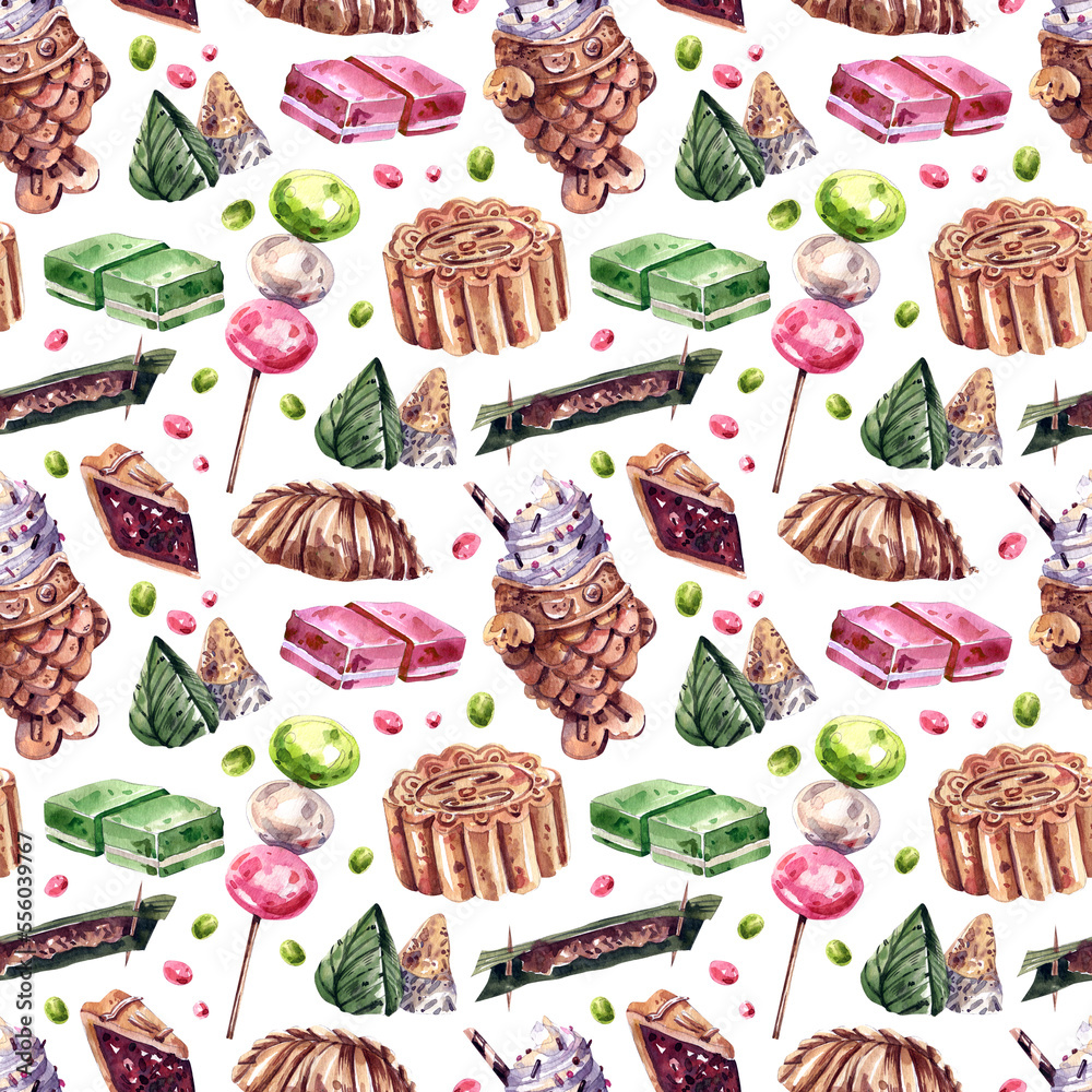 Traditional Asian Sweets Seamless Pattern On White Background