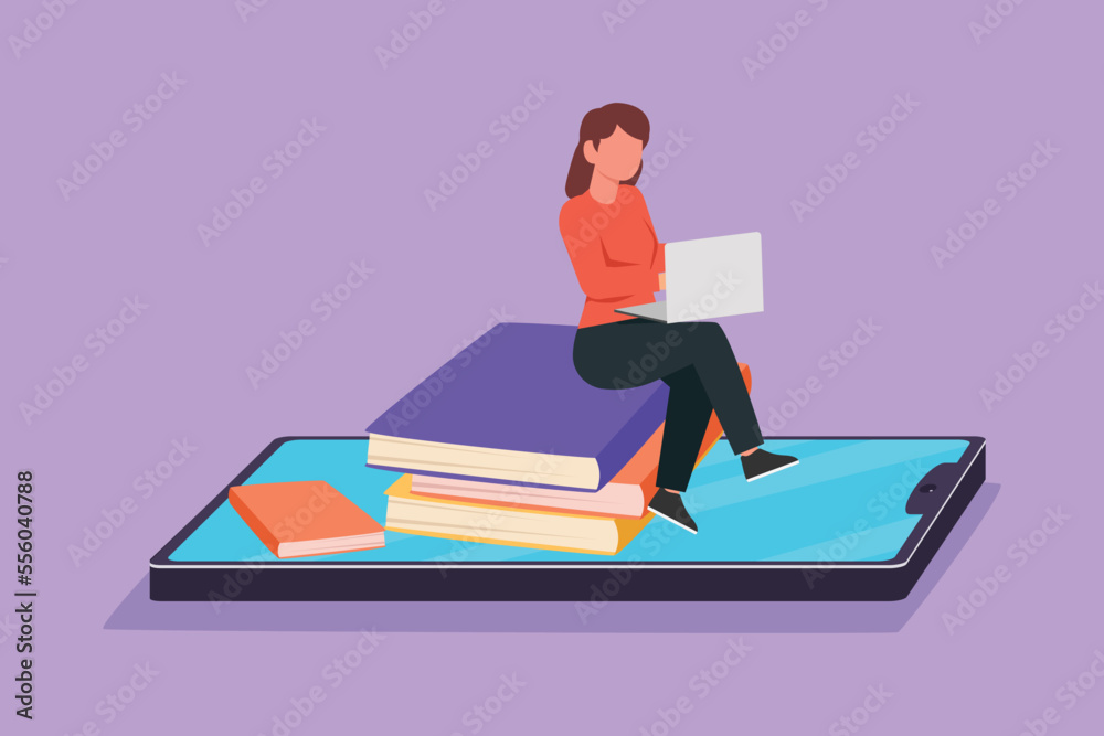 Graphic flat design drawing beauty smart female college student sitting ...