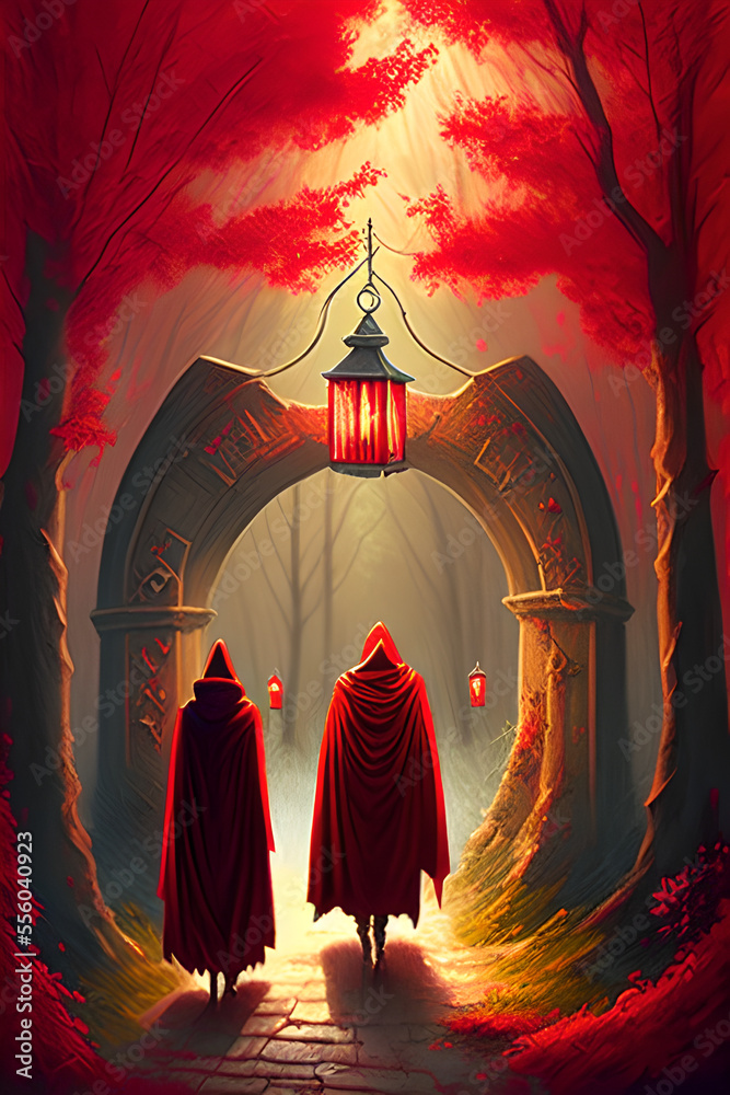 Red-hooded occult monks entering the mysterious gate. Generative AI ...