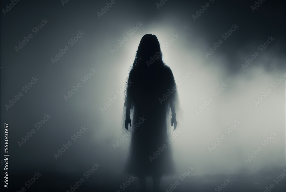 Haunted apparition in a dress with long hair in dense white midnight ...