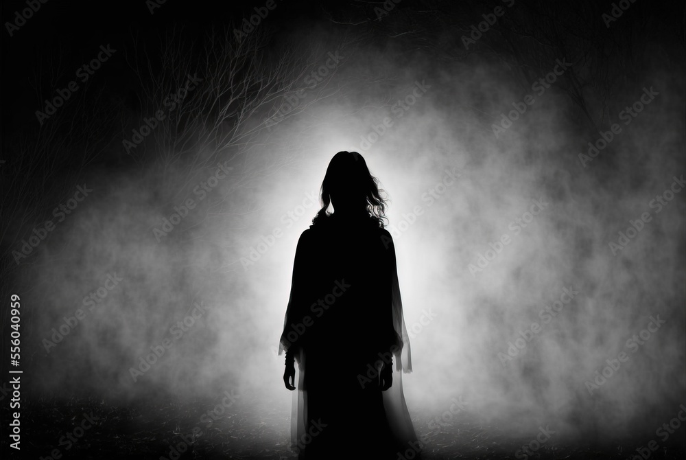 Haunted apparition in a dress with long hair in dense white midnight ...