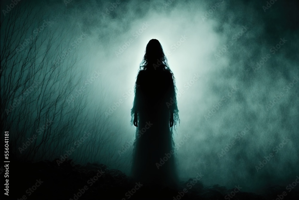 Haunted apparition in a dress with long hair in dense white midnight ...