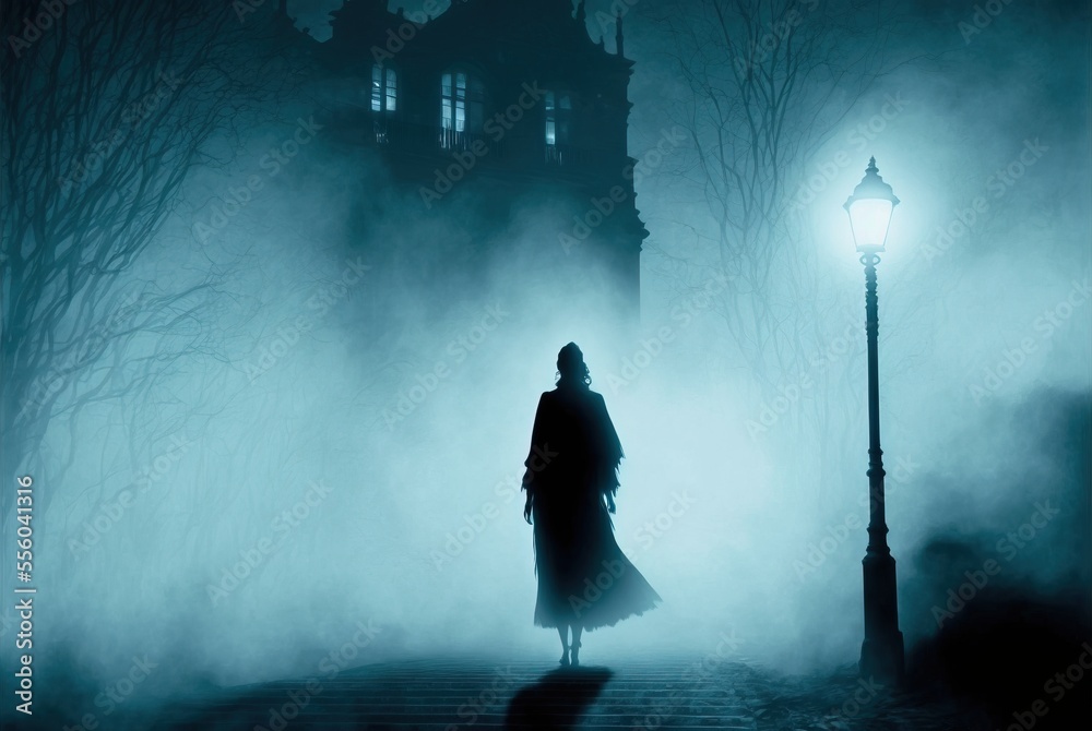 Haunted apparition in a dress with long hair in dense white midnight ...