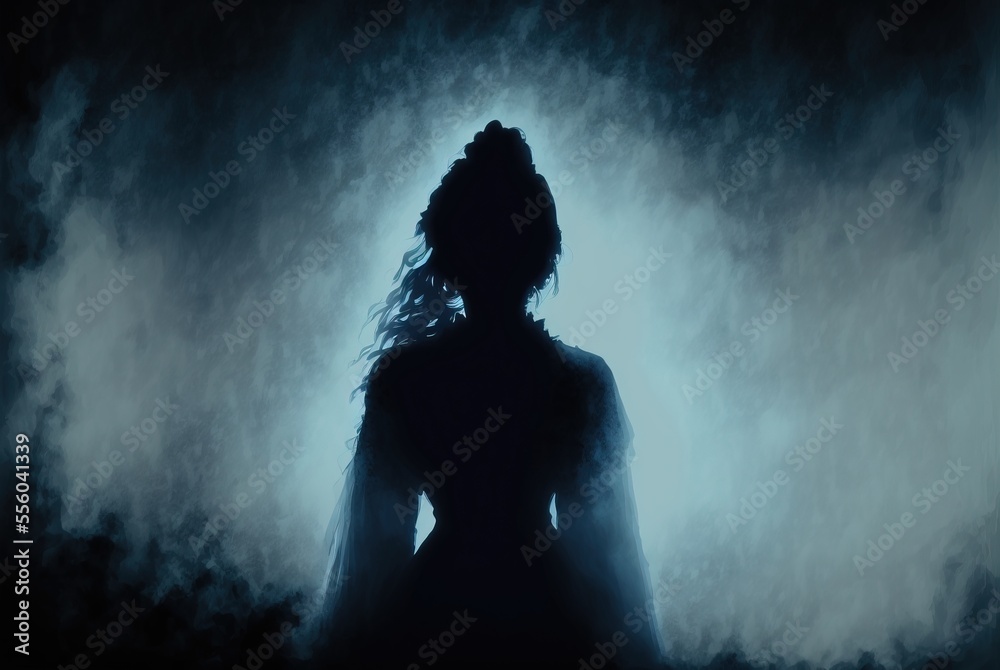 Haunted apparition in a dress with long hair in dense white midnight ...