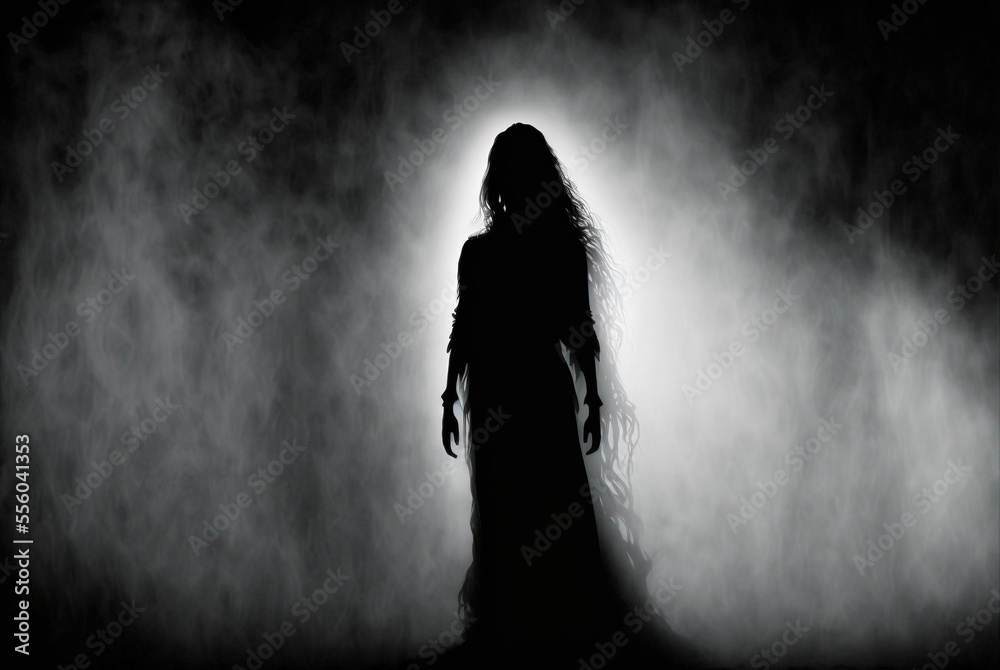Haunted apparition in a dress with long hair in dense white midnight ...